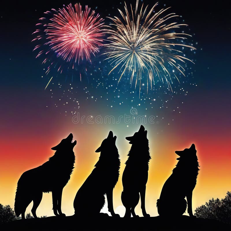 Three Wolves Watching a Beautiful Display of Fireworks in the Dark Sky ...