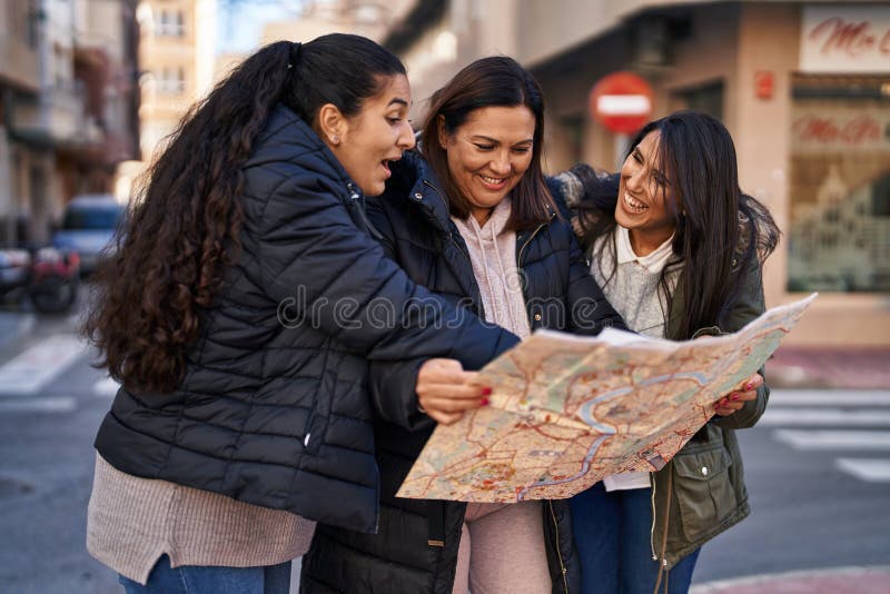 Three Woman Mother and Daughters Holding Map at Street Stock Image ...
