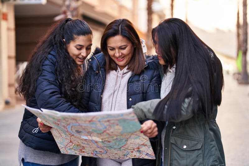 Three Woman Mother and Daughters Holding Map at Street Stock Image ...