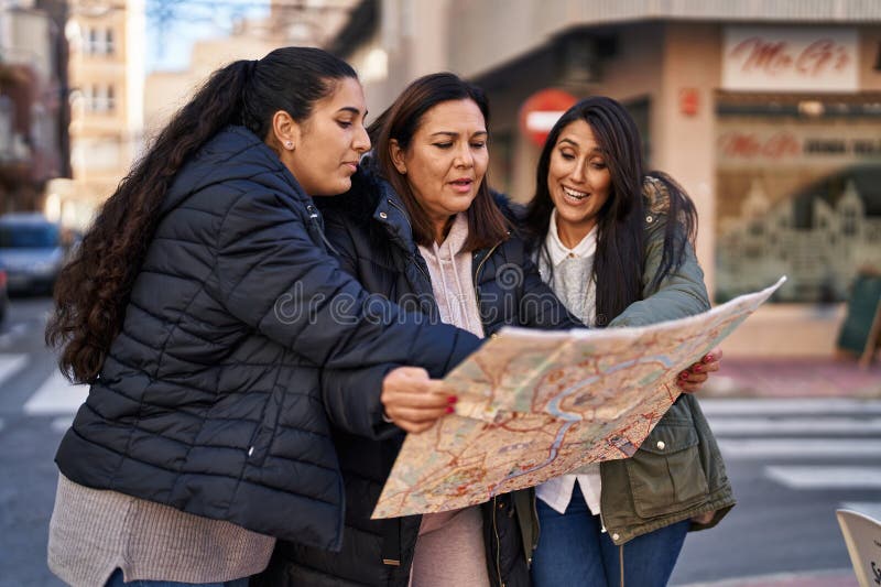 Three Woman Mother and Daughters Holding Map at Street Stock Image ...