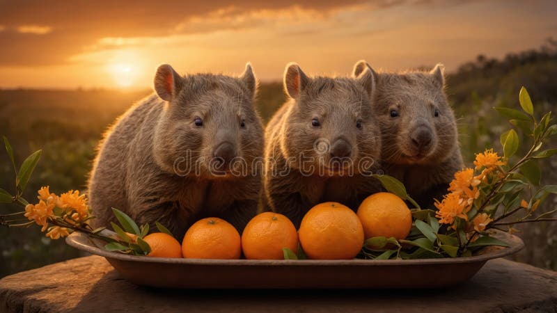Adorable Three Wombats with Oranges at Sunset Stock Illustration ...