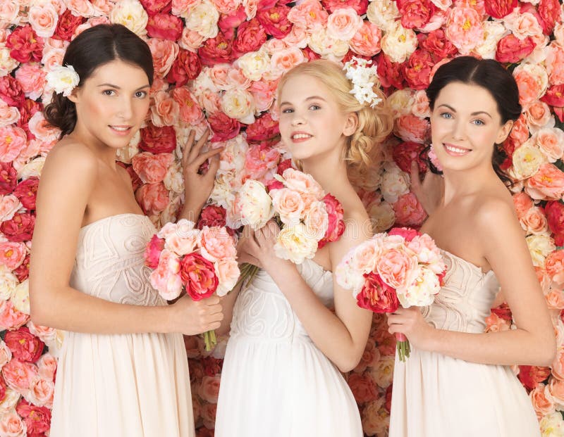 Three Women with Background Full of Roses Stock Photo - Image of beauty ...
