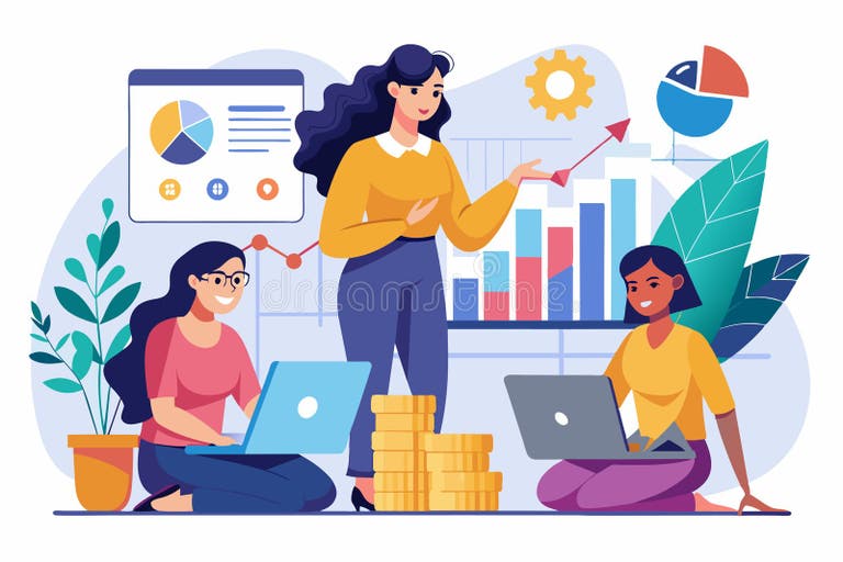 Three Women Collaborate on Growth Data, Analyzing Charts and Graphs ...