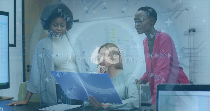 Three Women Collaborating at Office with 5G Technology Animation ...