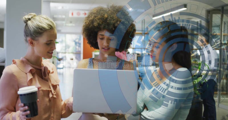 Three Women Collaborating Over Laptop with Digital Data Processing ...
