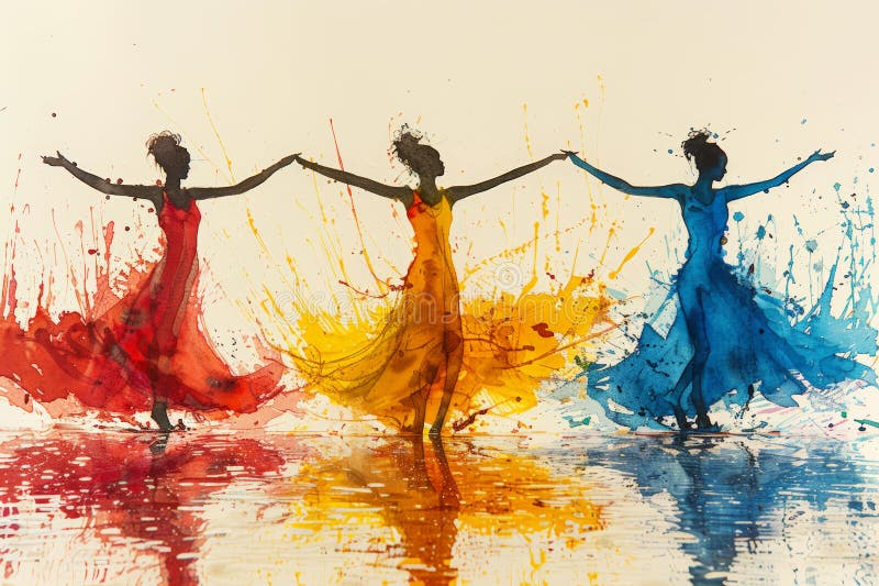 Three Women Dancing in Colorful Dresses with Vibrant Paint Splashes ...
