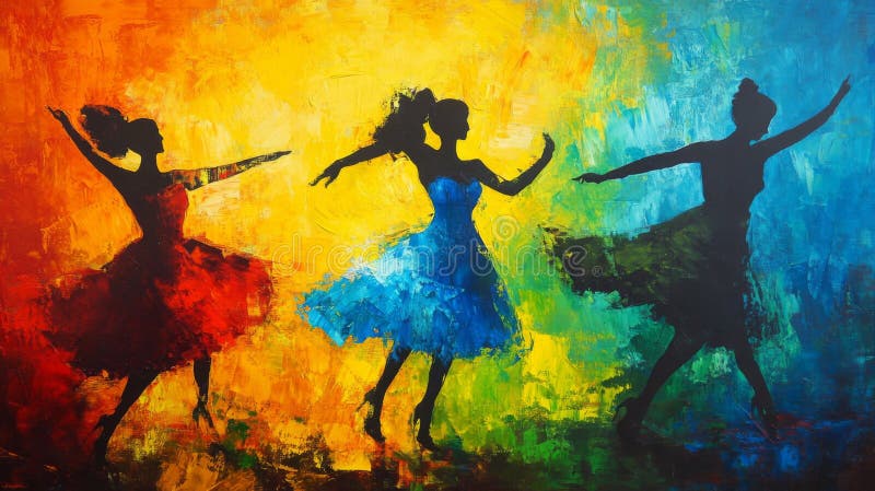 Three Women Dancing in Vibrant Colors Stock Illustration - Illustration ...