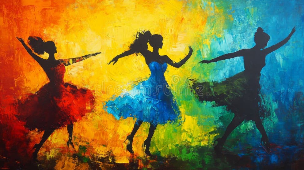 Three Women Dancing in Vibrant Colors Stock Illustration - Illustration ...