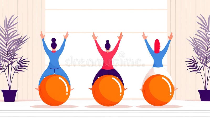 Three Women Doing Exercise on Fitness Balls in Office Stock ...