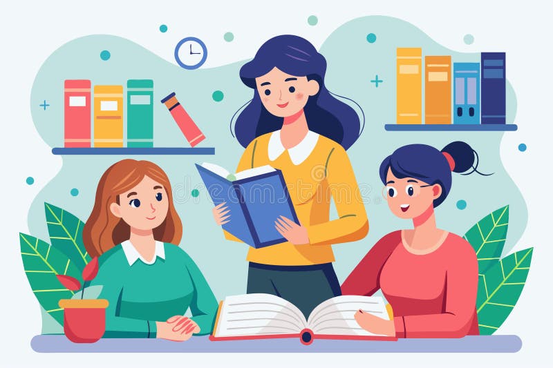 Three Women Engage in Collaborative Learning with Books in a Cheerful ...
