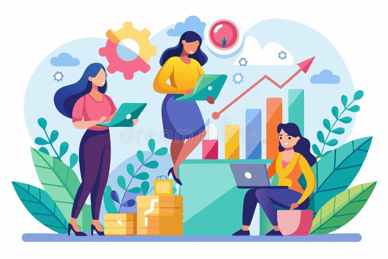 Three Women Engage with Data and Technology, Analyzing Growth Metrics ...