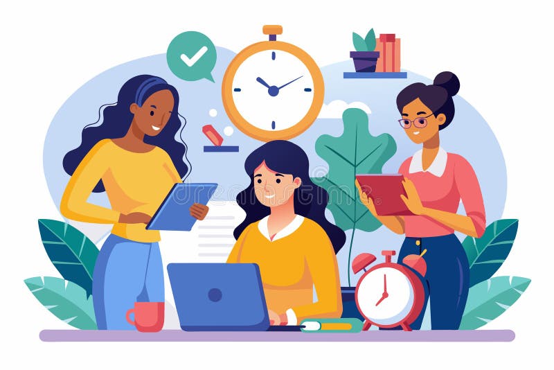 Three Women Engage in Teamwork Using Laptops and Tablets while Managing ...