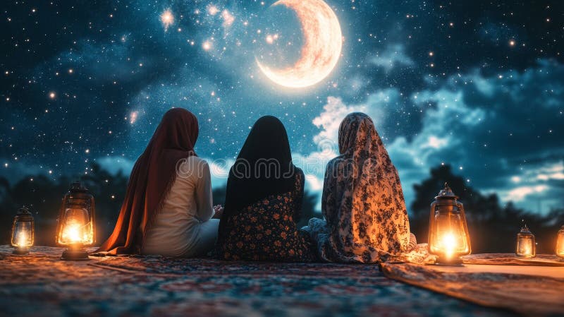 Three Women in Hijabs Admire Night Sky with Crescent Moon Stock ...