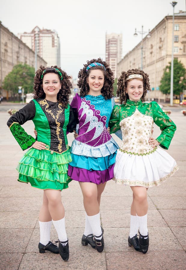 Two Women in Irish Dance Dresses and Wig Dancing Stock Image - Image of ...