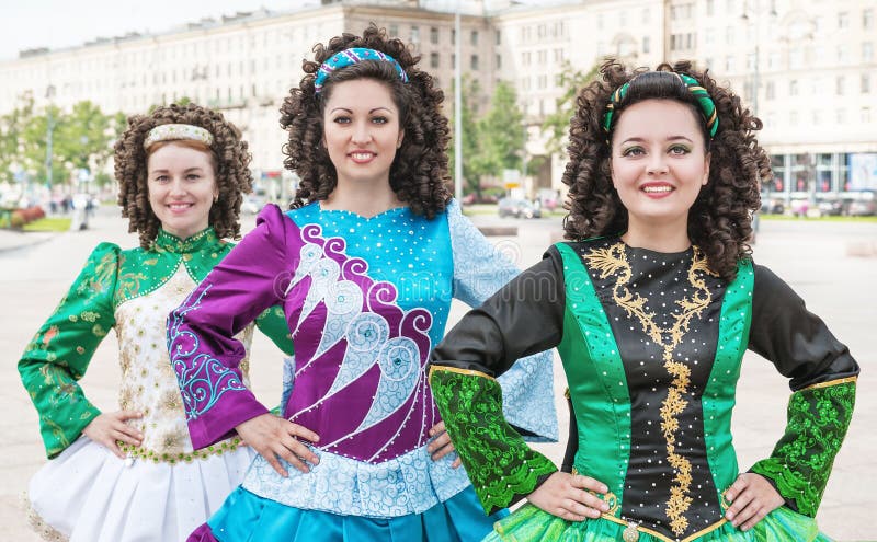Three Women in Irish Dance Dresses Dancing Stock Photo - Image of ...
