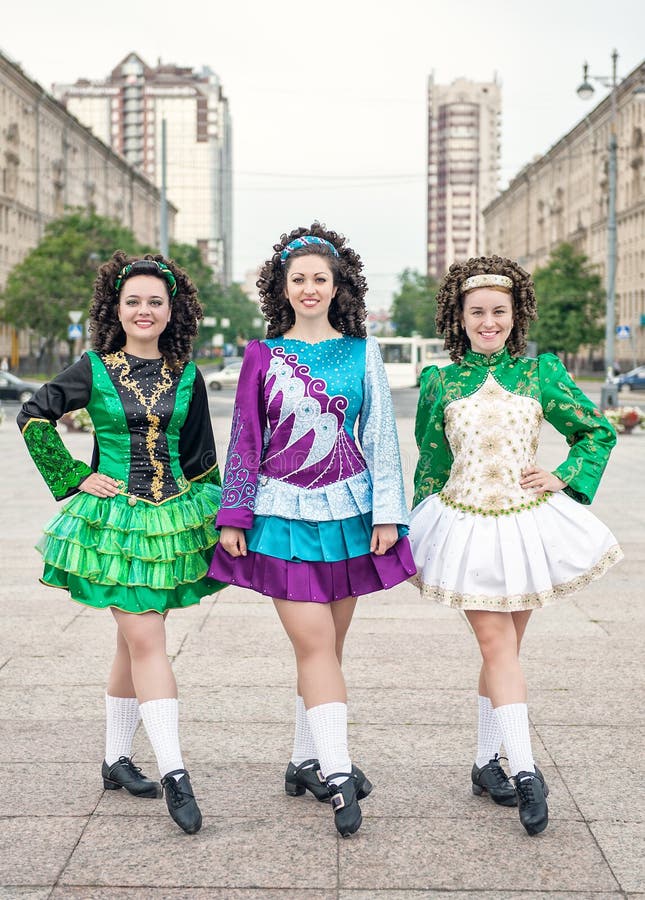 Three Women in Irish Dance Dresses Dancing Stock Photo - Image of ...