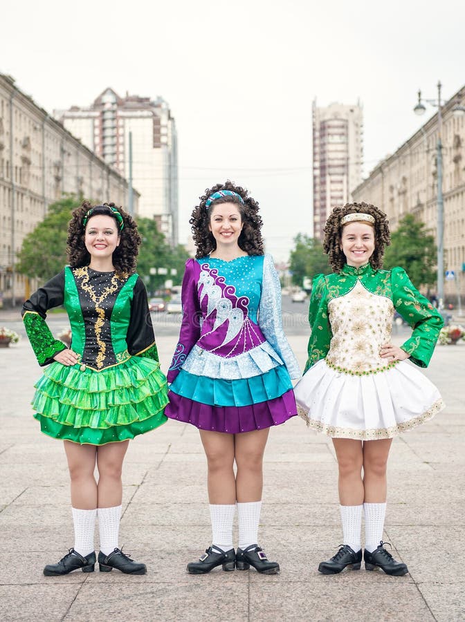Three Women in Irish Dance Dresses Posing Stock Photo - Image of ...