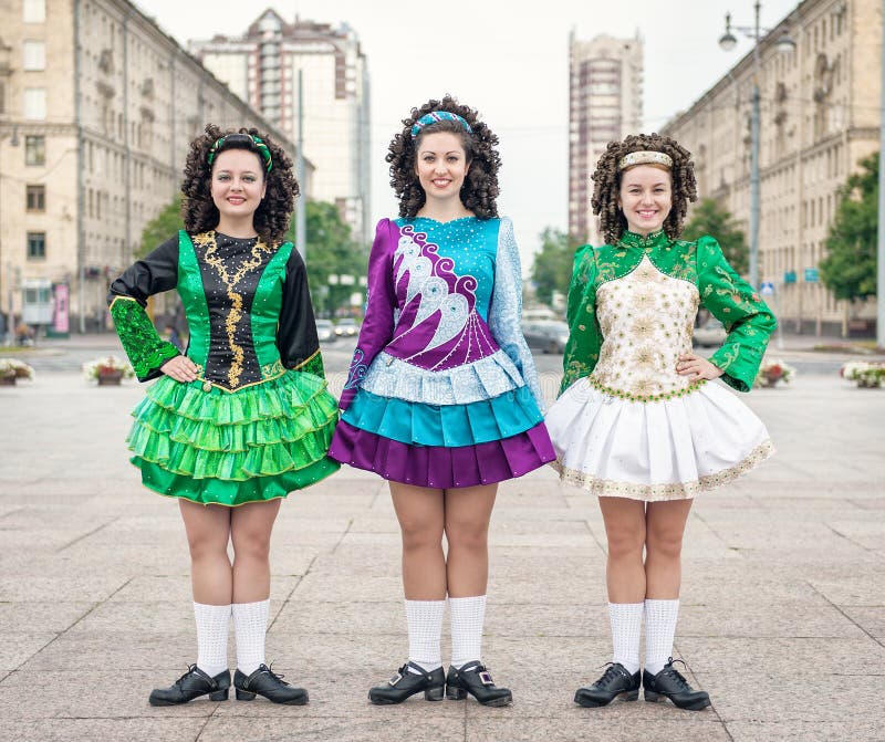 Three Women in Irish Dance Dresses Posing Stock Image - Image of ...