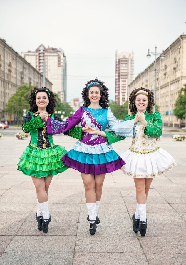 Three Women in Irish Dance Dresses Dancing Stock Photo - Image of ...