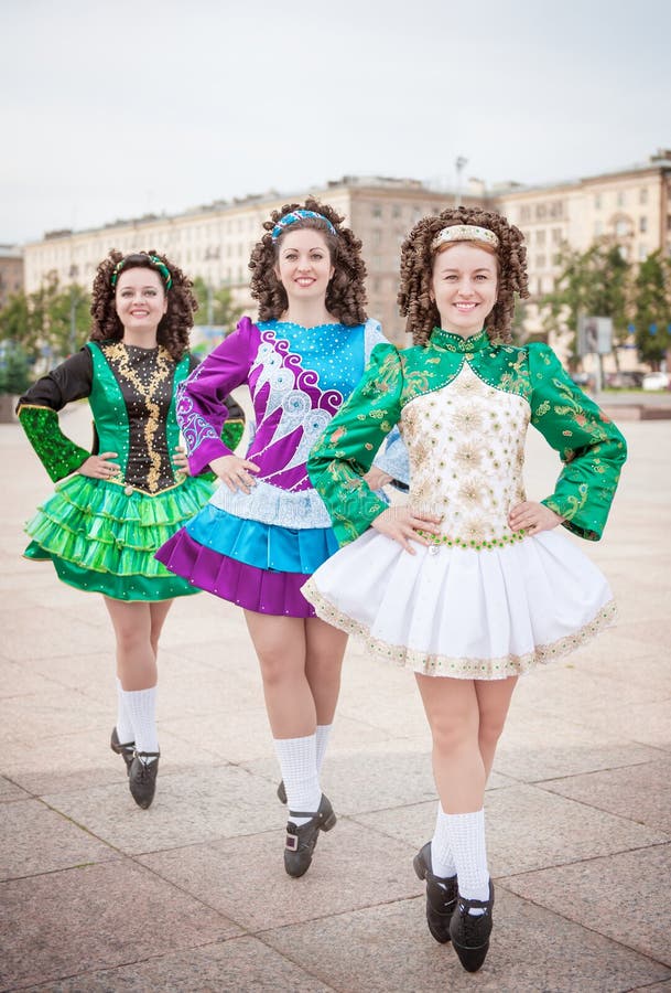 Three Women in Irish Dance Dresses Dancing Stock Photo - Image of ...