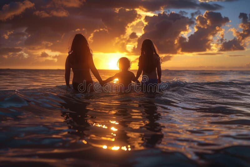 Three Women in the Ocean, Holding Hands, Enjoying a Beautiful Sunset ...