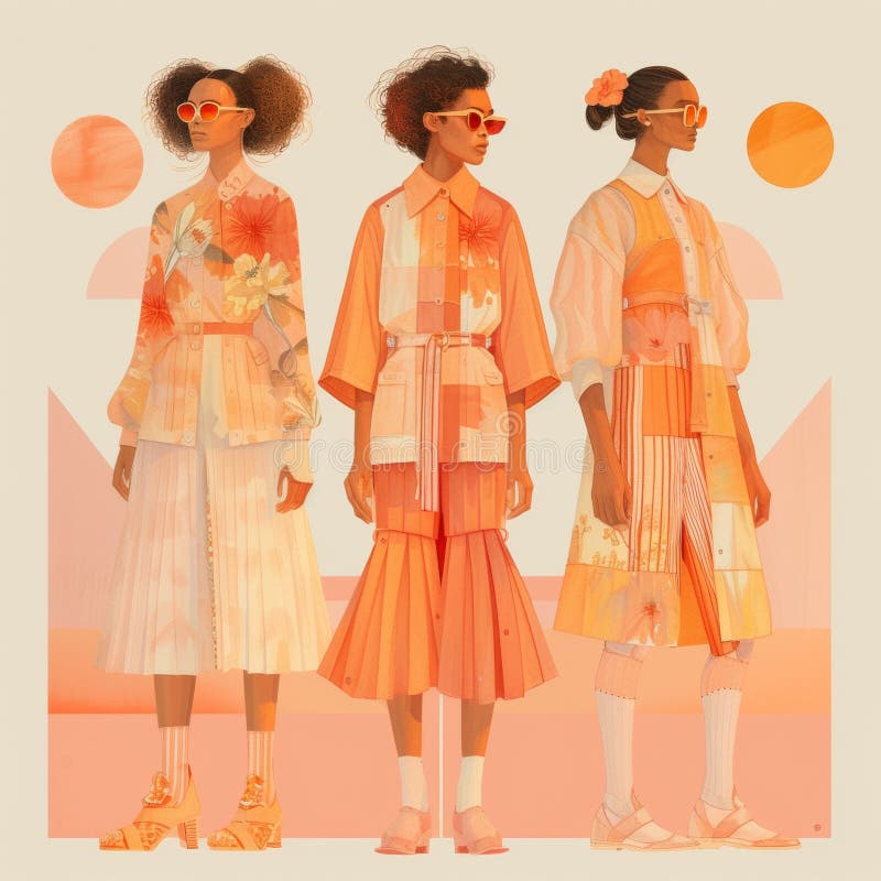 Three Women In Orange And White Dresses Standing Next To Each Other Ai