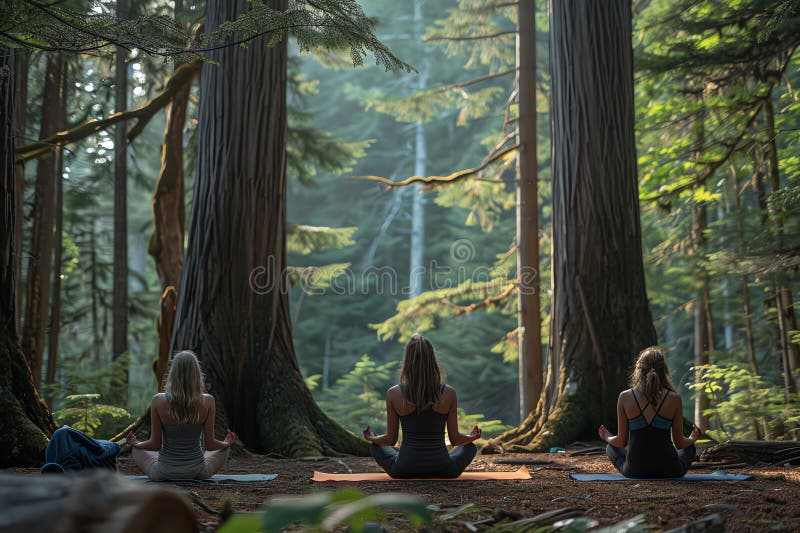 Three Women Practicing Yoga in a Serene Forest Setting, Surrounded by ...