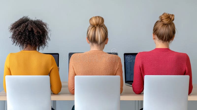 Three Women Sitting at a Table with Computers on Them, AI Stock Image ...