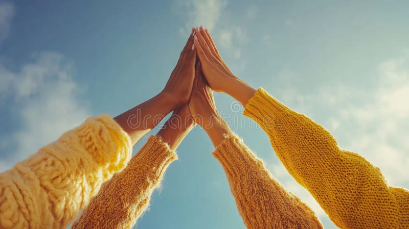 Three Women Stack Hands Reaching for Sky Stock Illustration ...