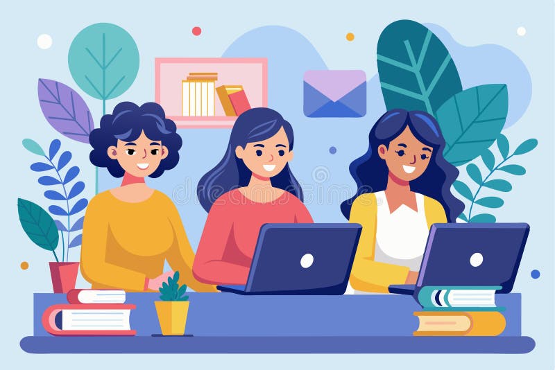 Three Women are Working Together on Assignments Using Their Laptops in ...