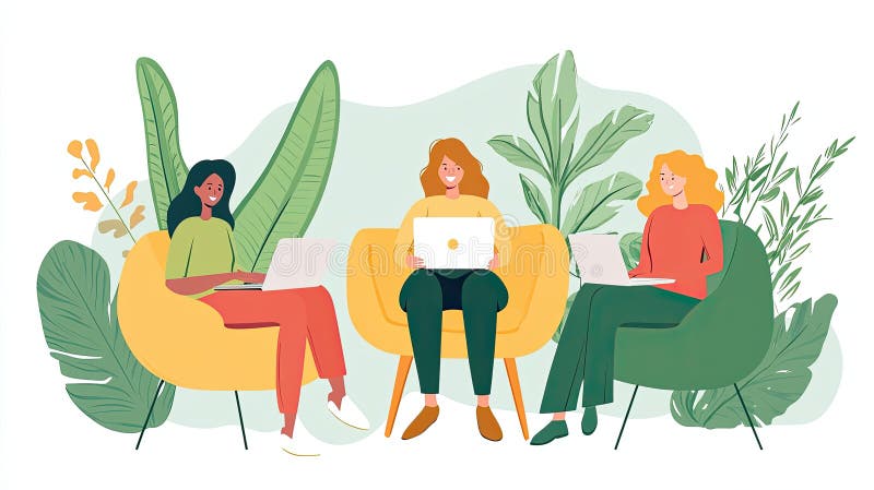 Three Women Working Together on Laptops in a Relaxing Environment ...