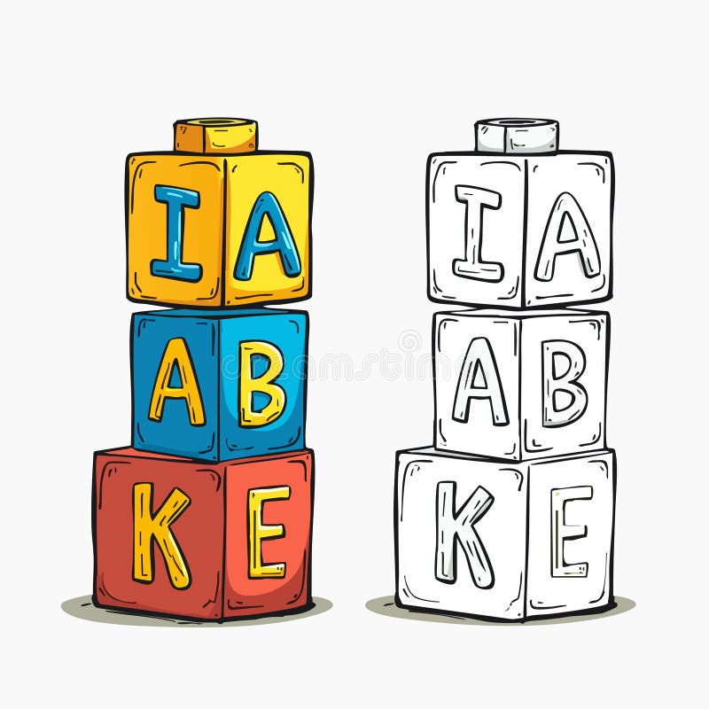 Three Wooden Alphabet Blocks Coloring Page Outline and Colored Version ...