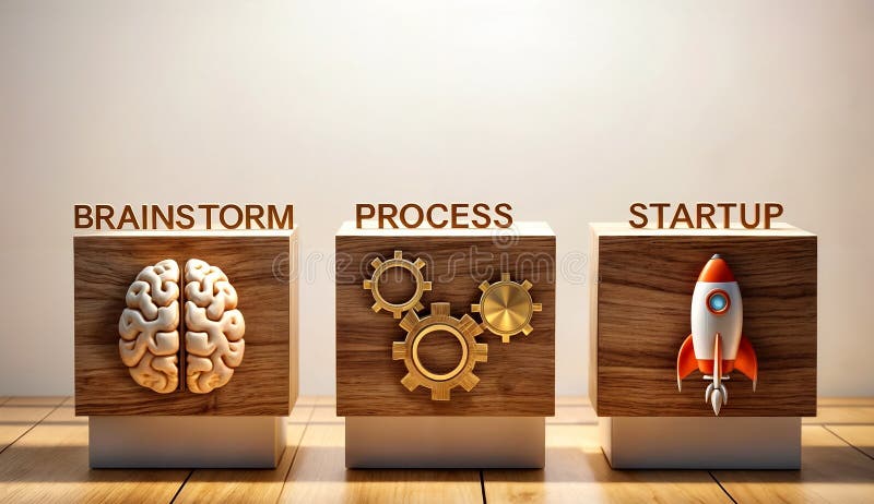 Three Wooden Blocks of Brainstorm, Process and Startup, Stock ...