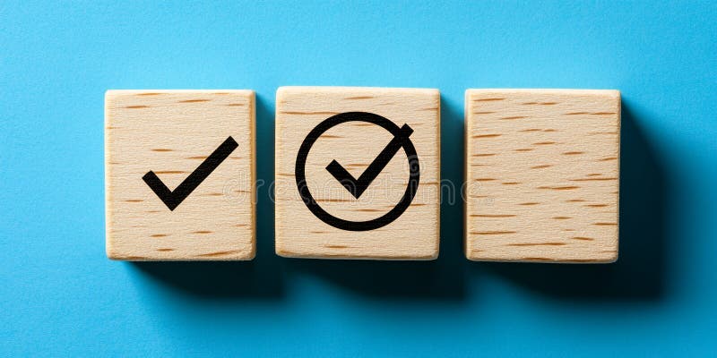 Three Wooden Blocks with Check Marks Signifying Completion Stock ...