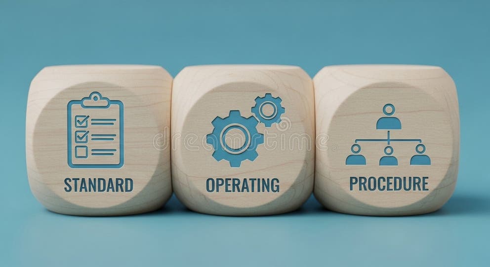 Three Wooden Blocks Displaying Standard Operating Procedure Icons on a ...