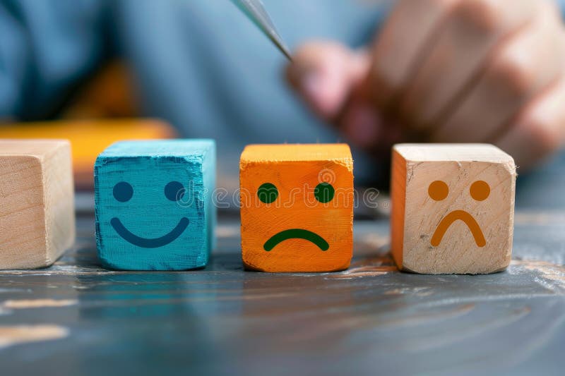 Three Wooden Blocks with Faces on Them, One Smiling, One Frowning Stock ...