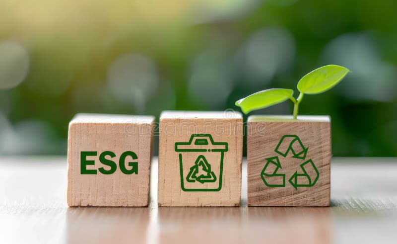 Three Wooden Blocks with Green ESG Icons on it Stock Illustration ...