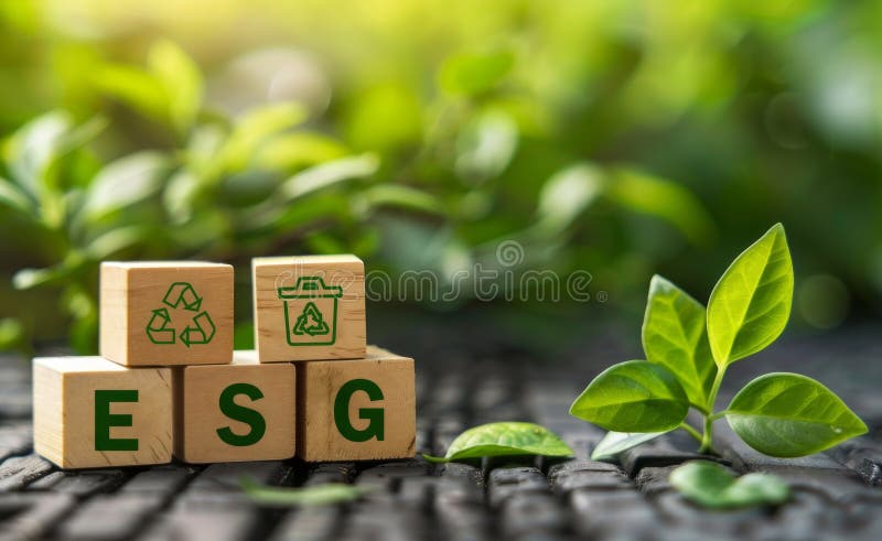 Three Wooden Blocks with Green ESG Icons on it Stock Illustration ...