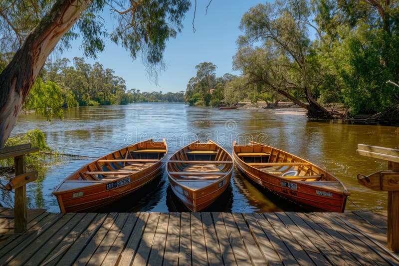 Three Wooden Boats Tied To a Dock on a River Stock Photo - Image of ...