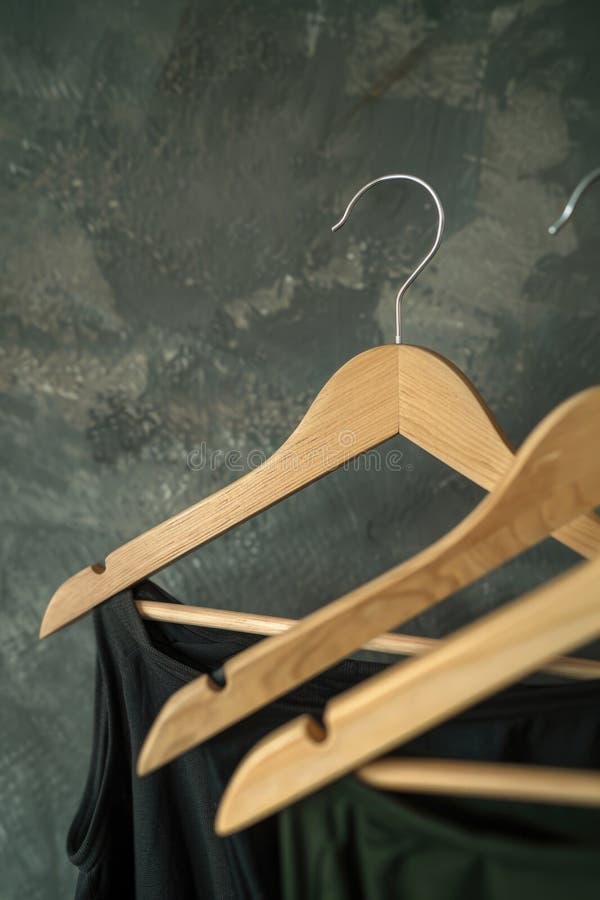 Three Wooden Clothes Hangers Leaning Against a Green Wall Stock Photo ...
