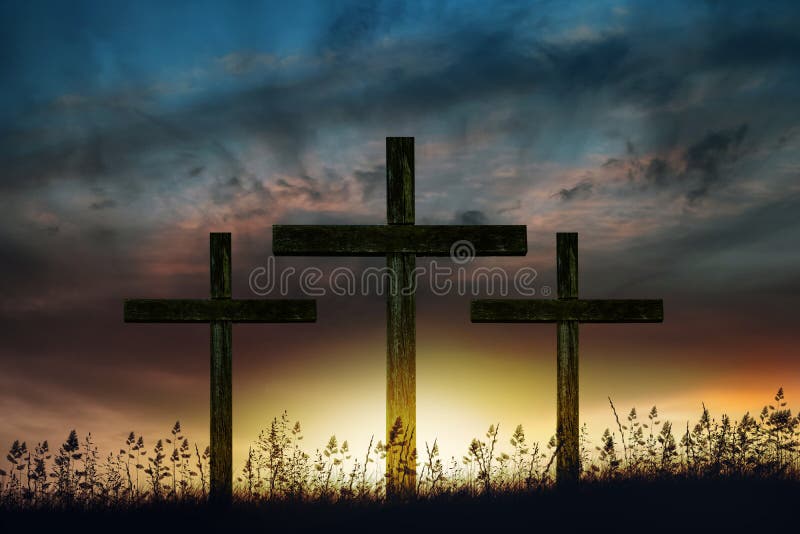 Three Wooden Crosses at Sunset Stock Image - Image of faith, holy ...