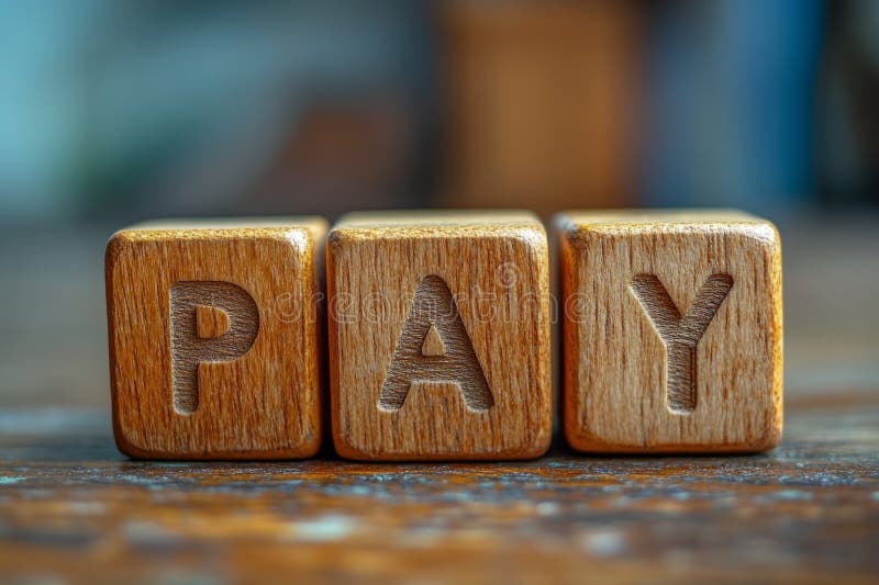 Three Wooden Cubes with Engraved Letters Spelling the Word Pay are ...