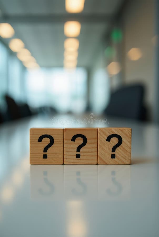Three Wooden Cubes Showing Question Marks on Reflective Surface Stock ...