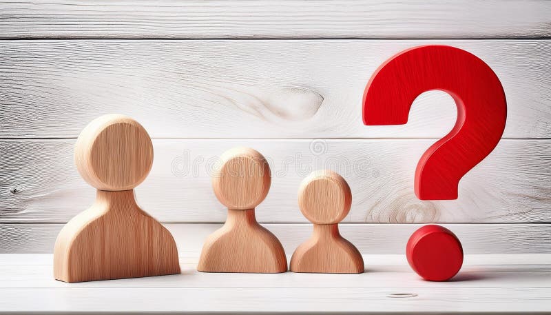 Three Wooden Figures with Big Red Question Mark on White Wooden ...
