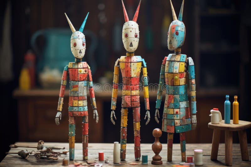 Three Wooden Figures of Different Colors Standing on a Table, AI Stock ...