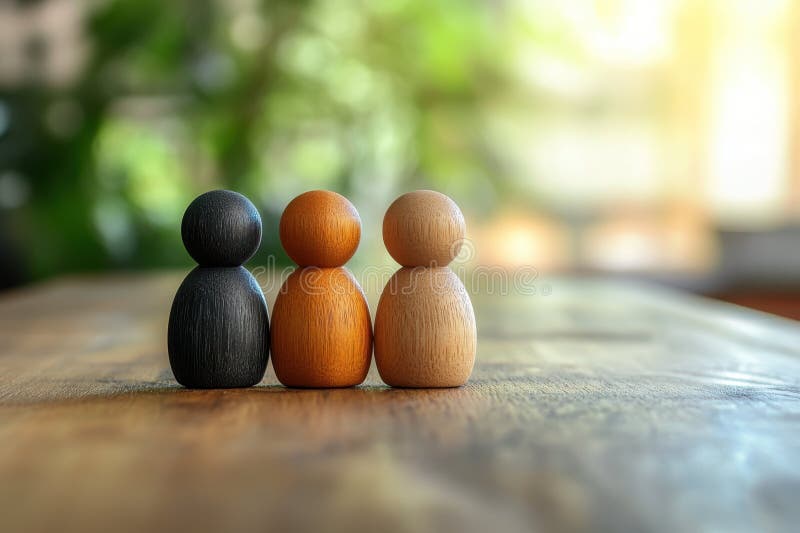 Simple Wooden Figures in a Row on a Rustic Table with Soft Sunlight in ...
