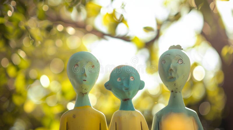 Three Wooden Figurines with Painted Faces Standing in Front of a Tree ...