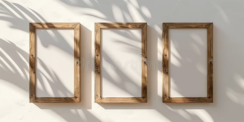 Three Wooden Frames on a White Wall with Shadows. Stock Illustration ...