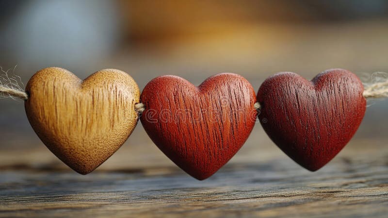 Three Wooden Hearts Connected by String on Rustic Background Stock ...