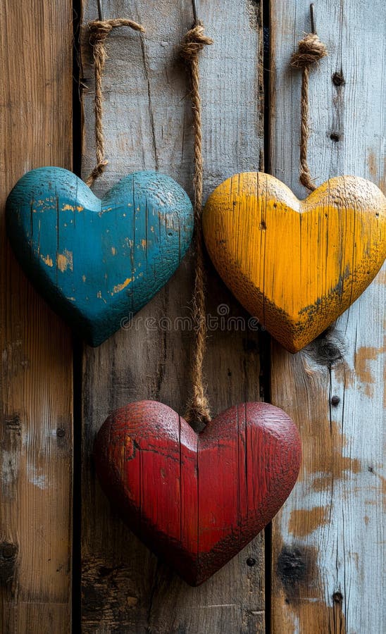 Three Wooden Hearts Hanging from a Wooden Board Stock Image - Image of ...